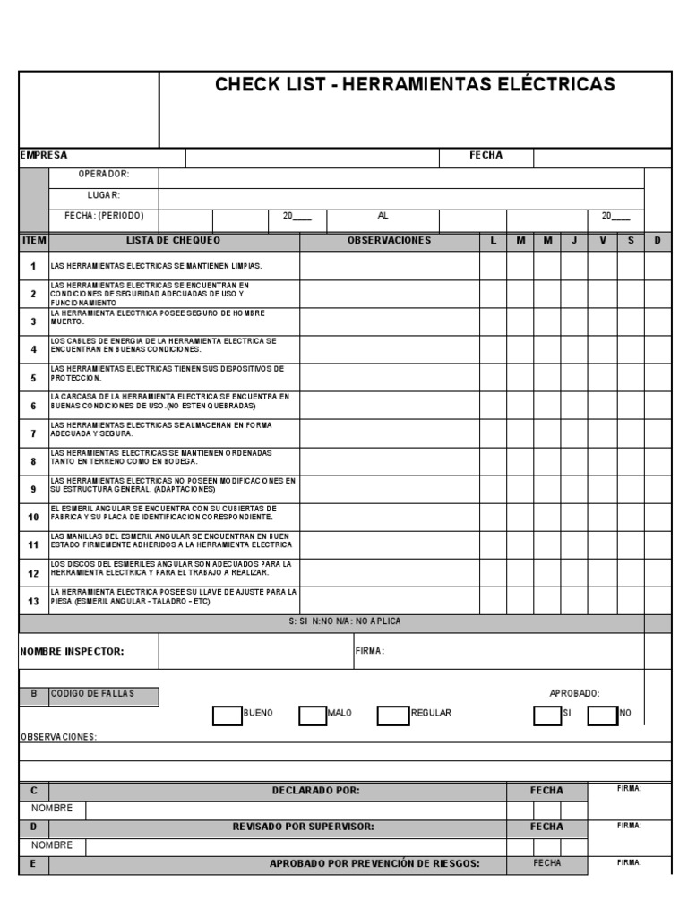 Check List Herramientas Electricas | PDF