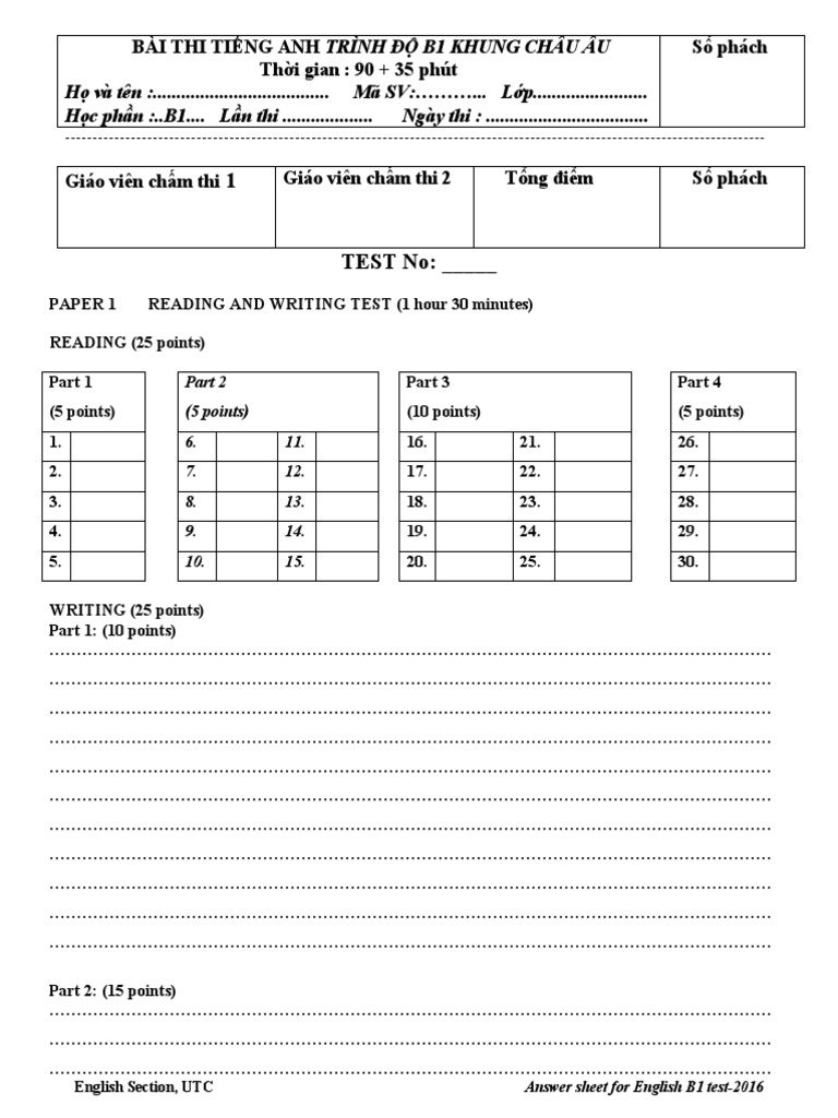 ANSWERSHEET - B1-Edited PDF | PDF