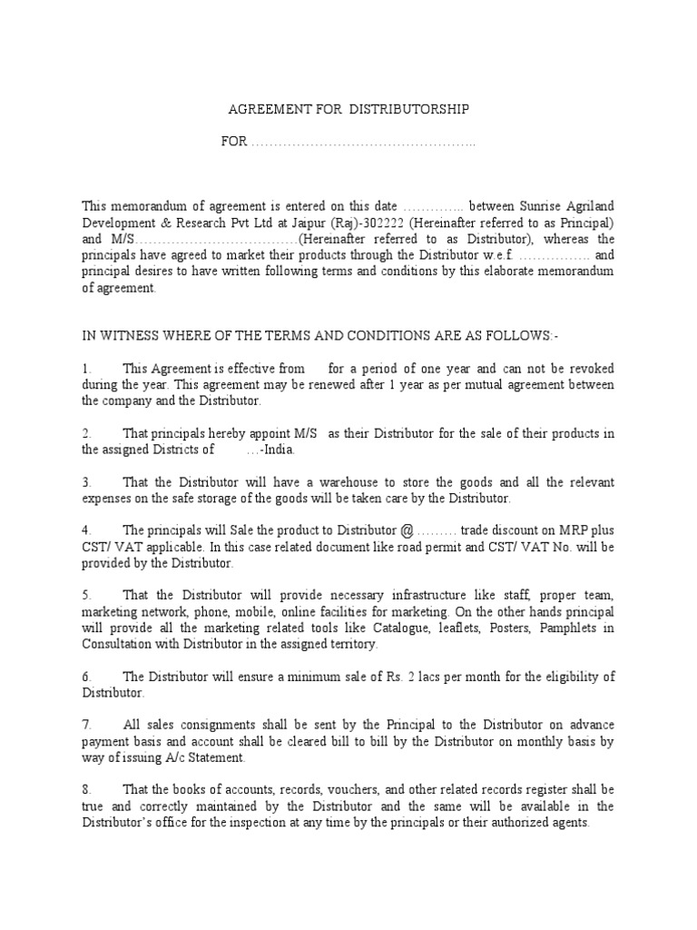 Distributor Agreement with Sunrise Agriland | PDF | Taxes | Economies