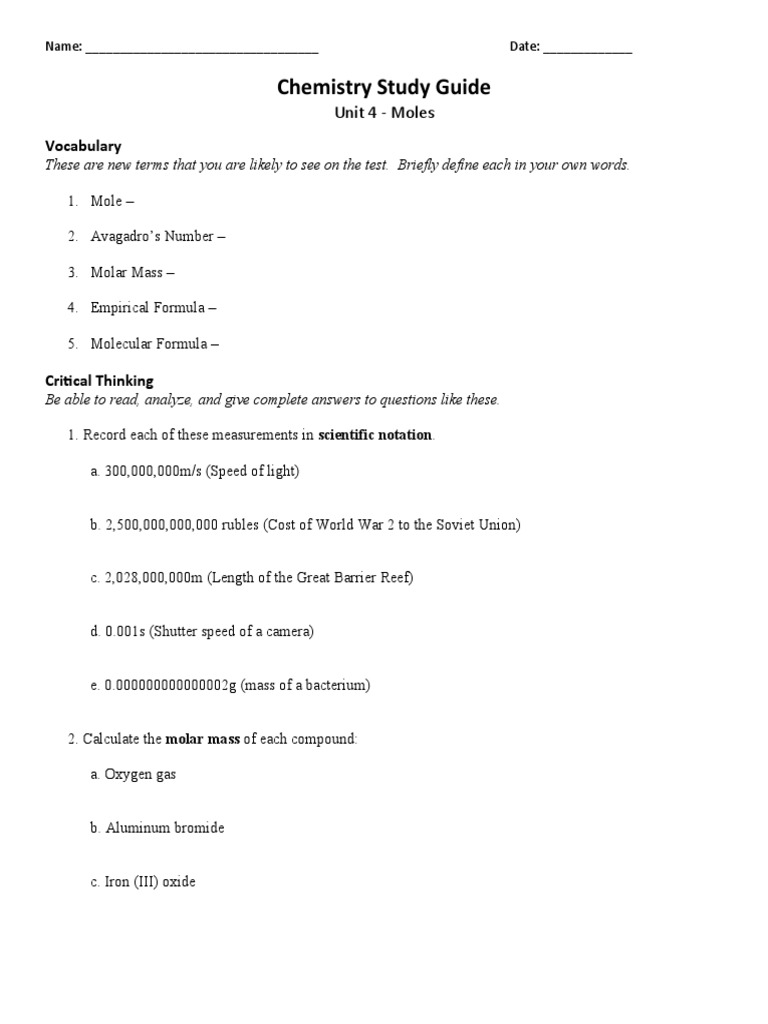 Review Guide Moles and Molecular Formulas | PDF | Mole (Unit) | Gases