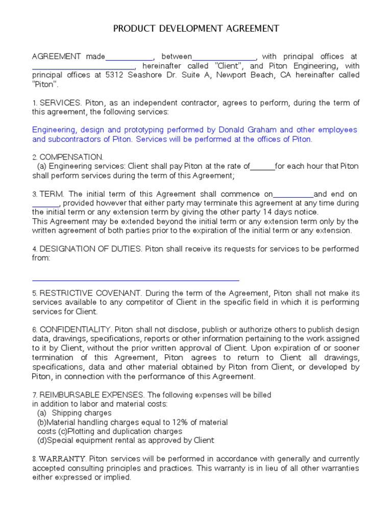 Product Development Agreement Template | PDF | Business Law | Justice