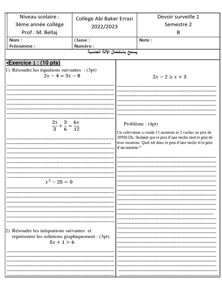 Niveau Scolaire: 3ème Année Collège Prof: M. Bellaj Collège Abi Baker Errazi 2022/2023 Devoir ...