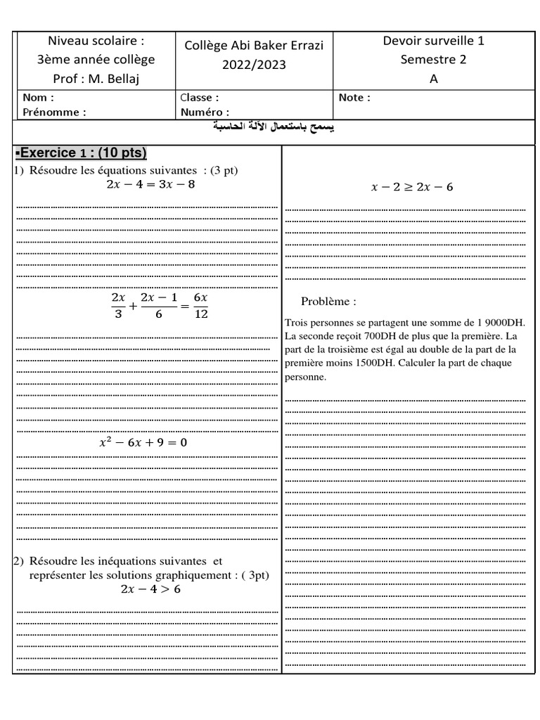 Niveau Scolaire: 3ème Année Collège Prof: M. Bellaj Collège Abi Baker Errazi 2022/2023 Devoir ...