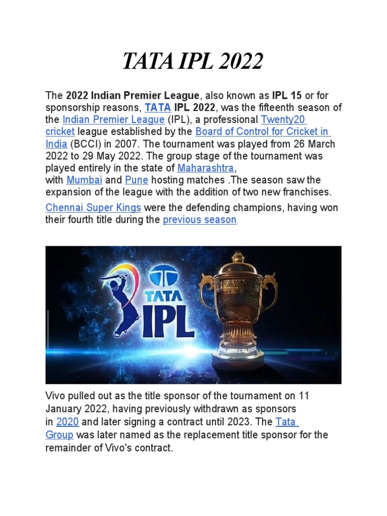 TATA IPL 2022 Season Overview | PDF | Sports Teams | Ball Games