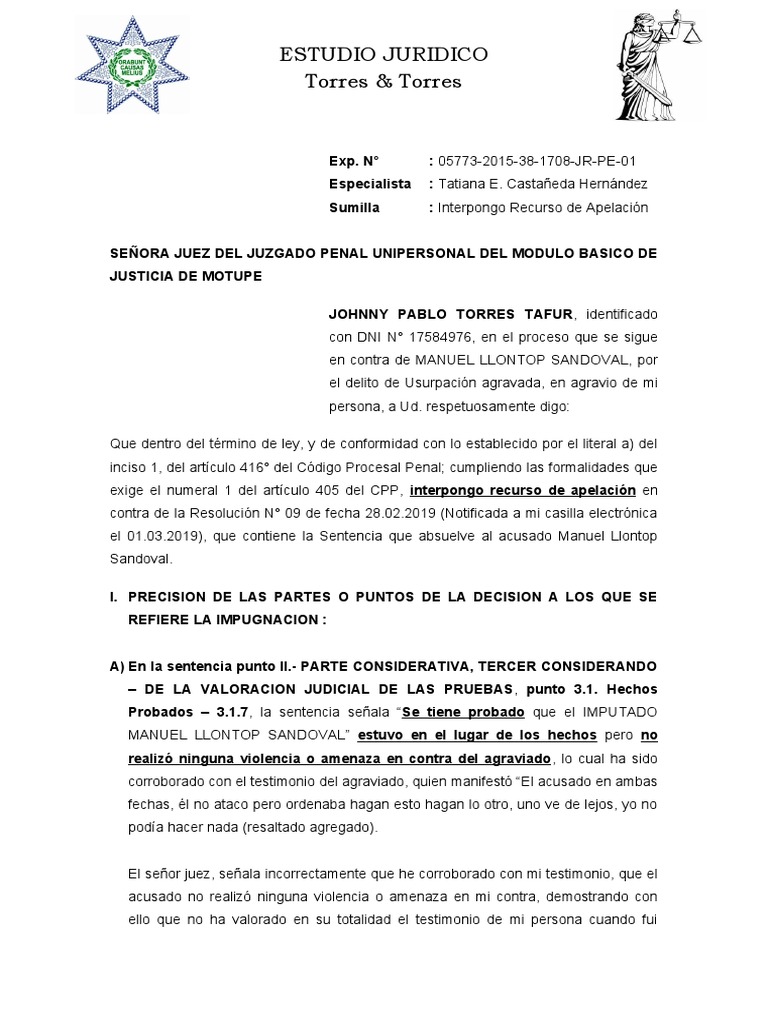 Escrito #01 A La Sala de Apelaciones - Apersonamiento | PDF | Sentencia ...