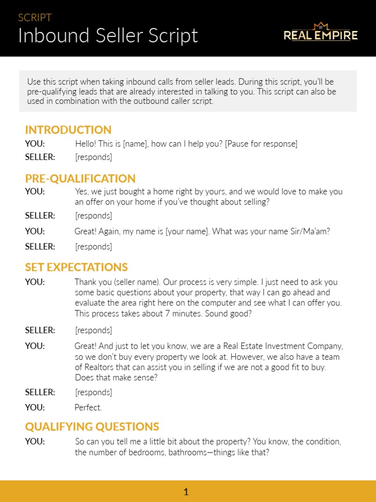 Real Empire-Inbound Script 2 wholesaling | PDF