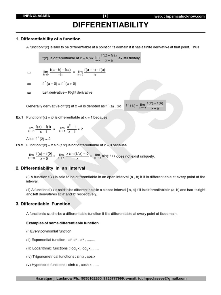 Differentiability Guide by INPS | PDF | Function (Mathematics) | Derivative