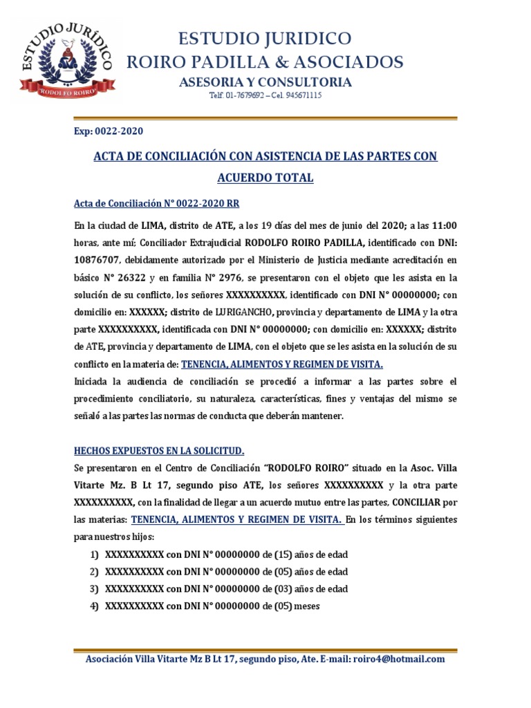Modelo de Acta de Conciliación de Alimentos, Tenencia y Régimen de ...