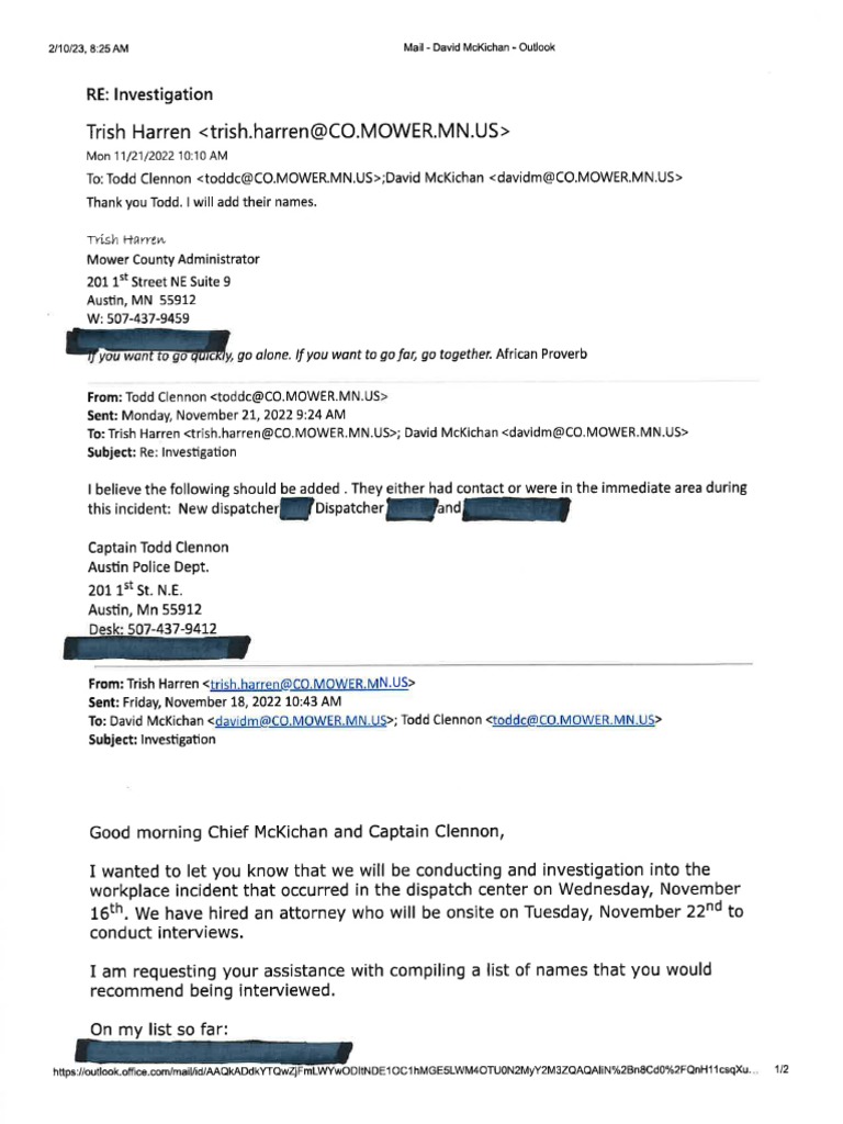 Emails Discussing Mower County Sheriff Investigation | PDF