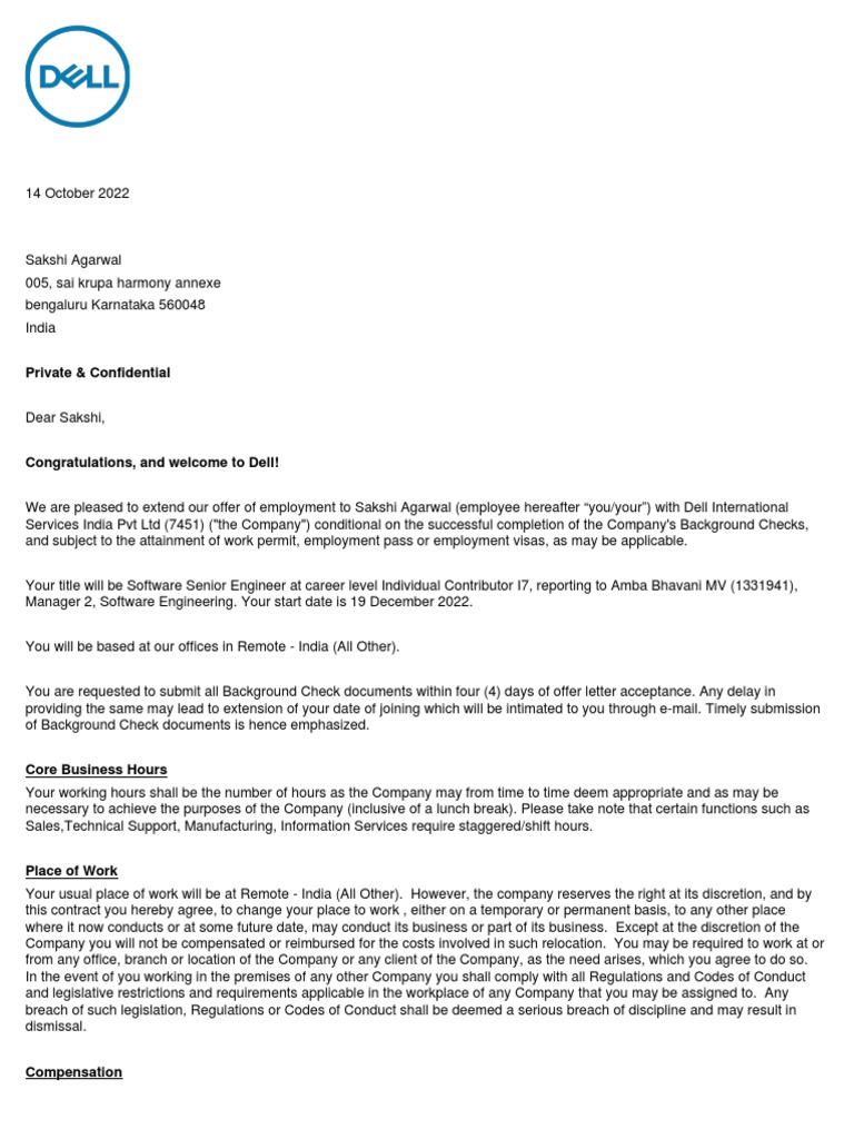 India Offer Letter 2022-10-17 PDF | PDF | Employment | Intellectual ...
