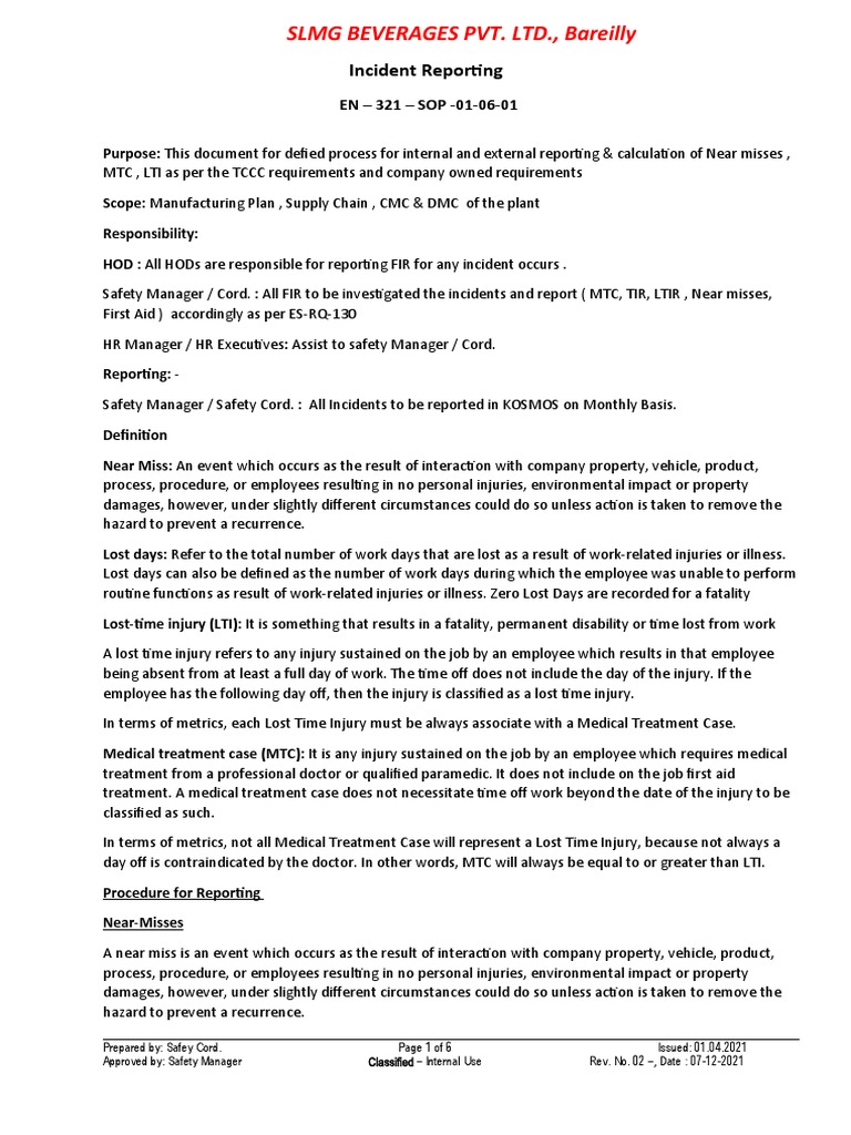 LTIs, Nearmiss Repprting SOP | PDF | Wound | Surgical Suture