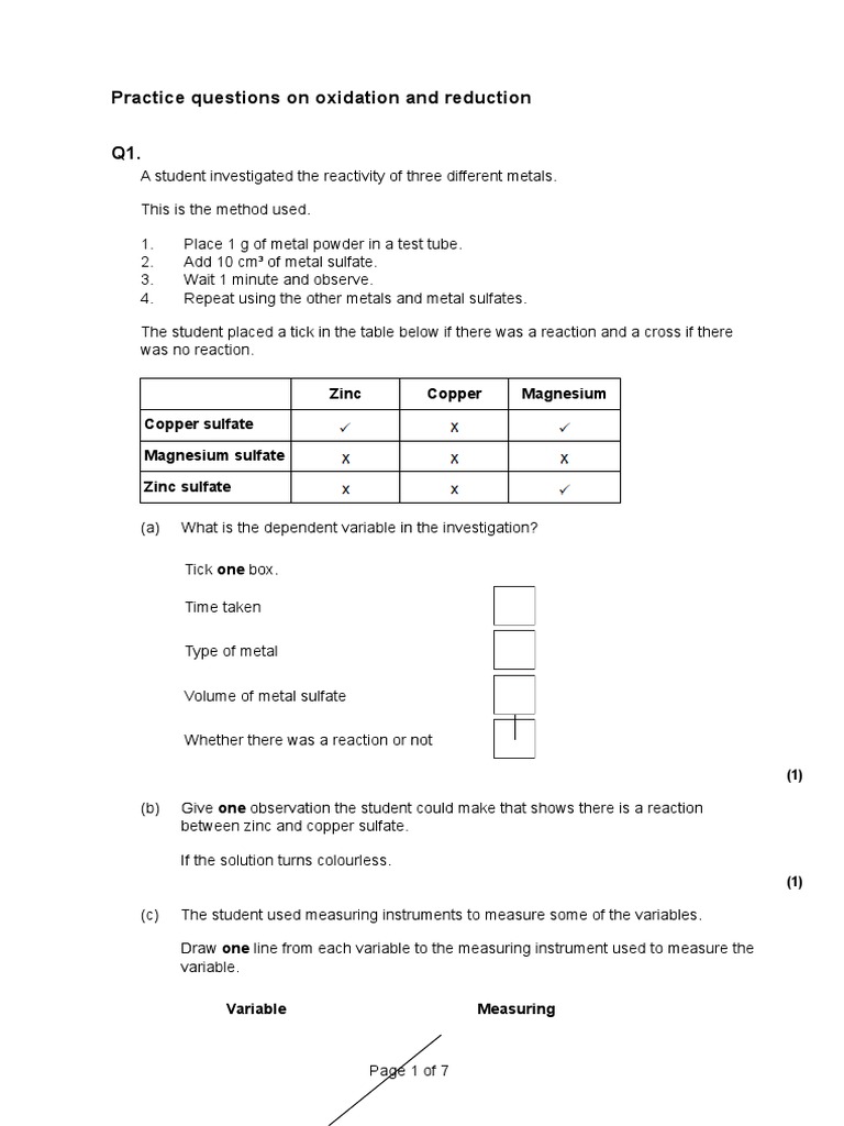 Practice Oxidation and Reduction | Download Free PDF | Redox | Metals