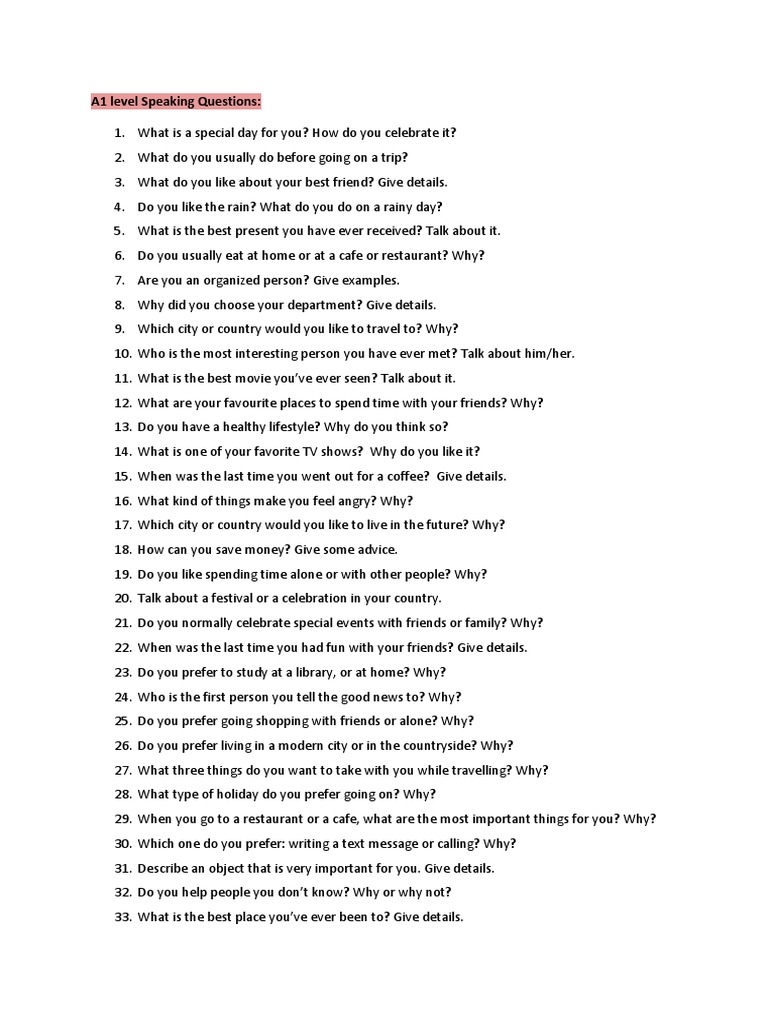 A1-A2-B1 Speaking Questions Guide | PDF | Communication