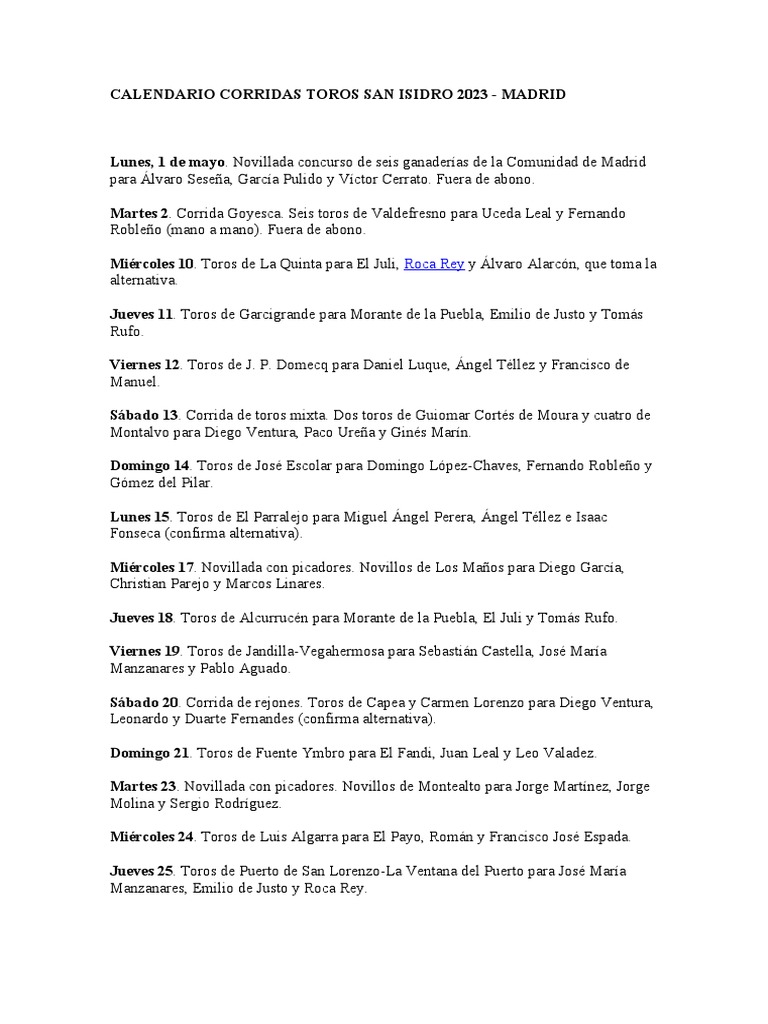 Calendario Corridas Toros San Isidro 2023 | PDF | Deportes de combate ...