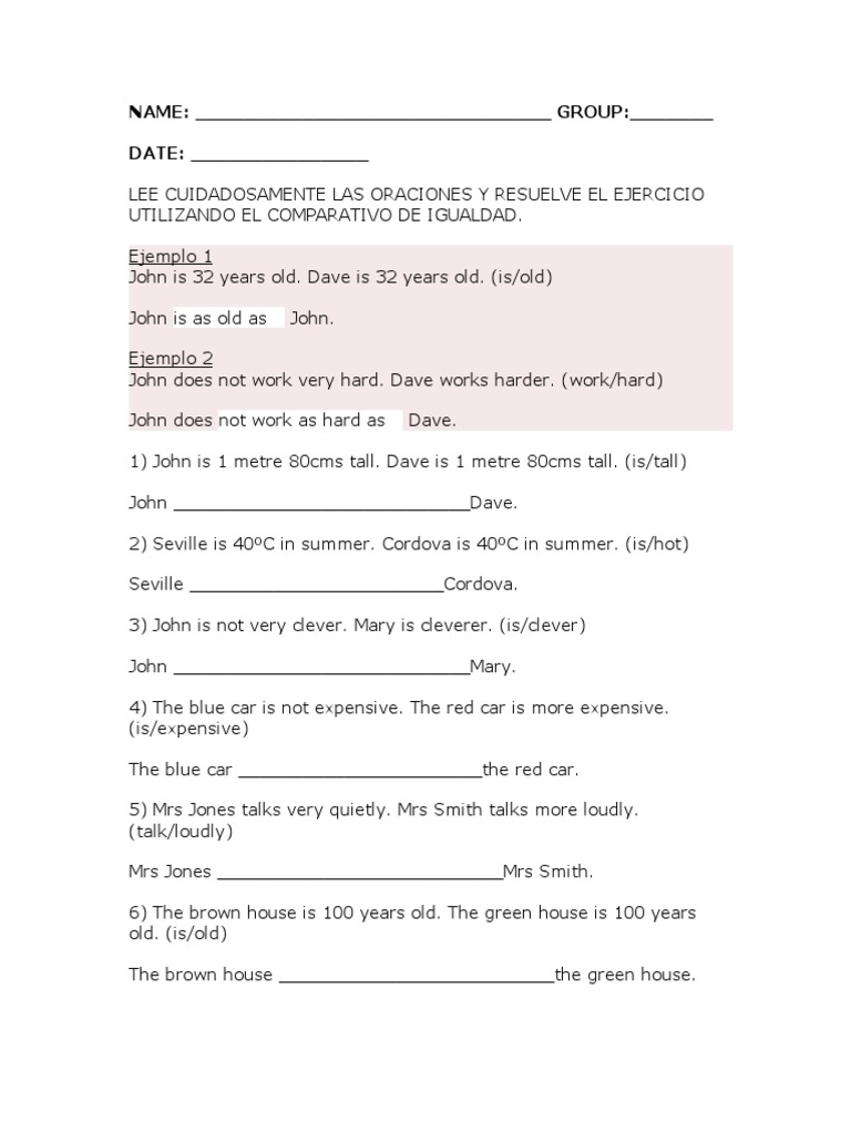 Comparativo de Igualdad Ejercicio | PDF