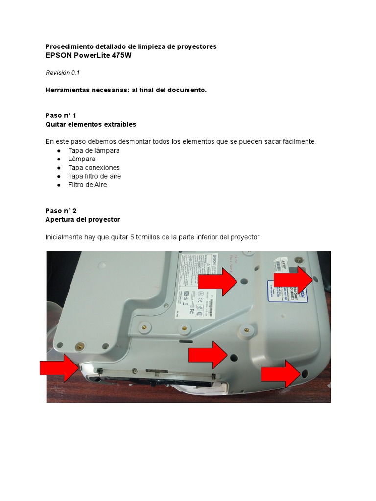 Procedimiento de Limpieza de Proyectores EPSON PowerLite 475w | PDF