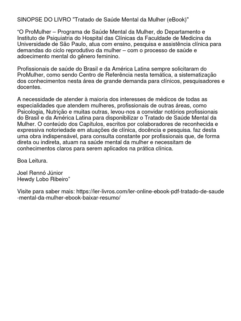 Tratado de Saúde Mental Da Mulher (Ebook) | PDF