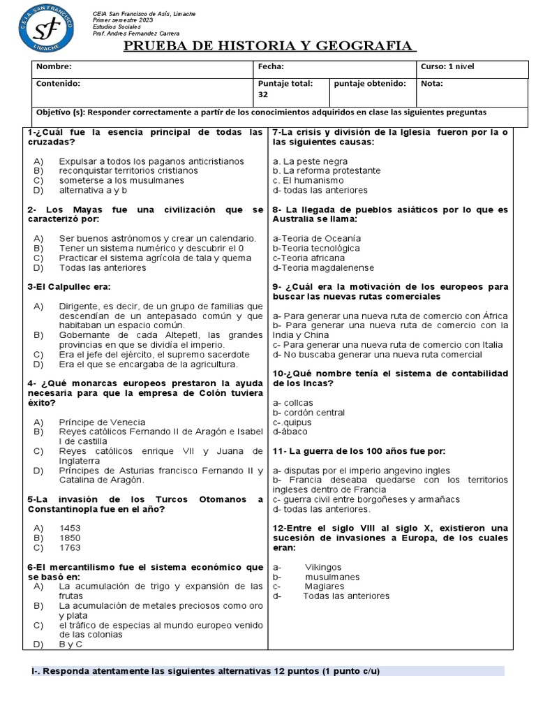 Prueba de Historia Unidad 0 | PDF | Edades medias | Europa