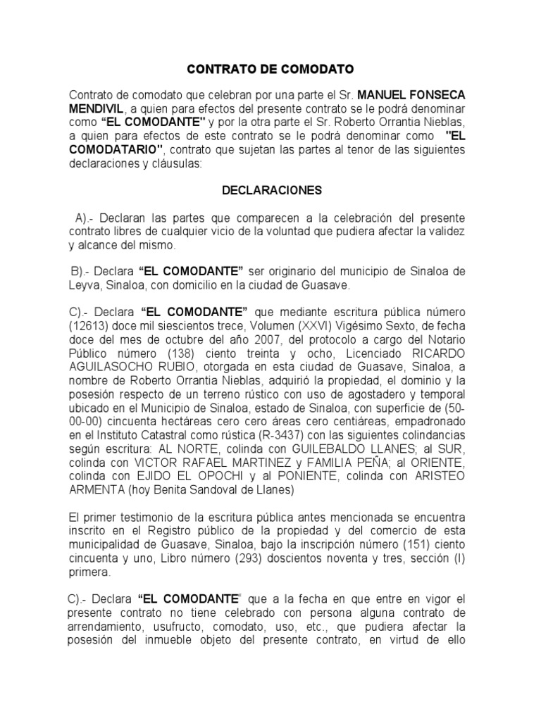 CONTRATO DE COMODATO Ejemplo | PDF | Ley de obligaciones | Derecho civil (sistema legal)