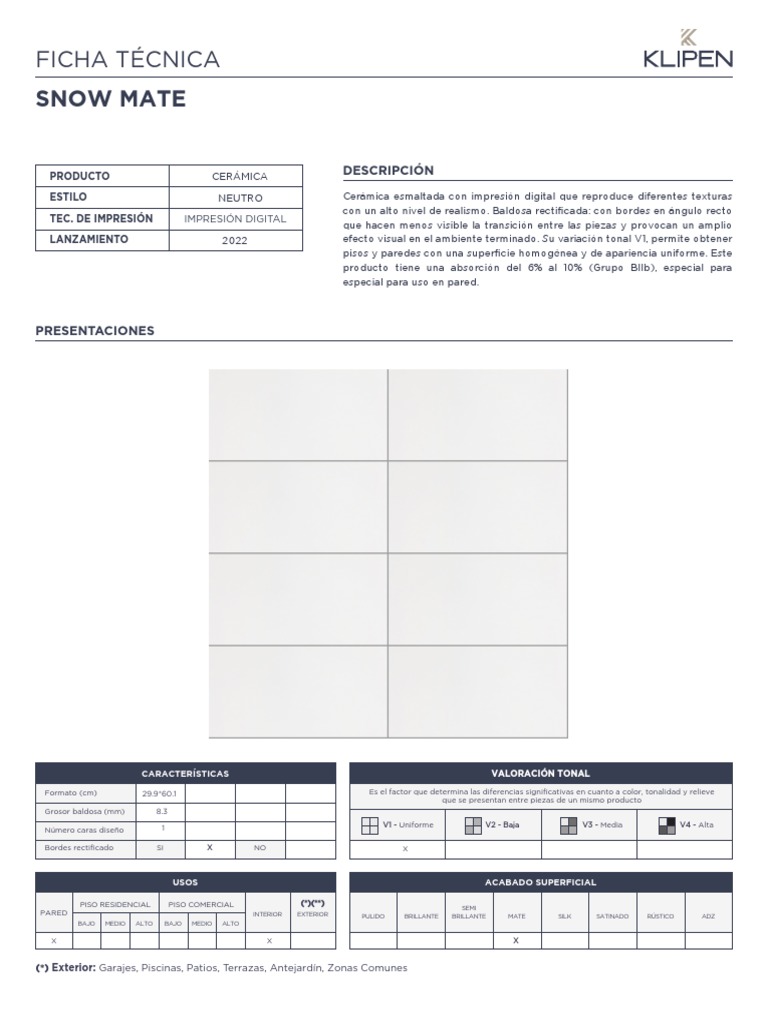 11041855 SNOW BLANCO MATE 29.9X60.1 CM | PDF