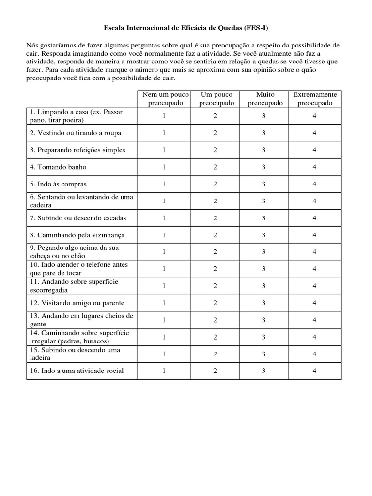 Escala Internacional de Eficácia de Quedas (FES-I) | PDF