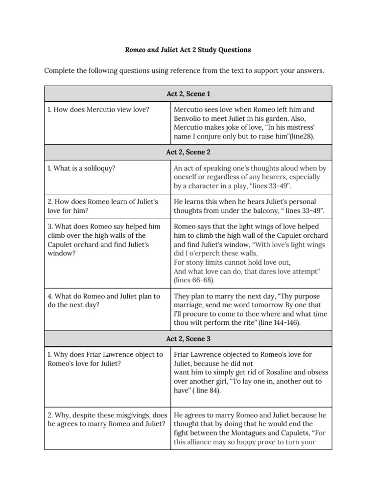 Romeo and Juliet Act 2 Study Questions | PDF | Characters In Romeo And ...