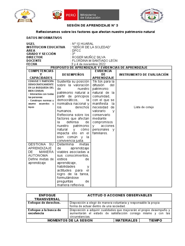 Sesión de Aprendizaje N DPCC 3° | PDF | Aprendizaje | Evaluación