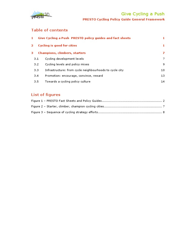 Presto - Cycling Policy Guide General Framework - Table of Contents ...