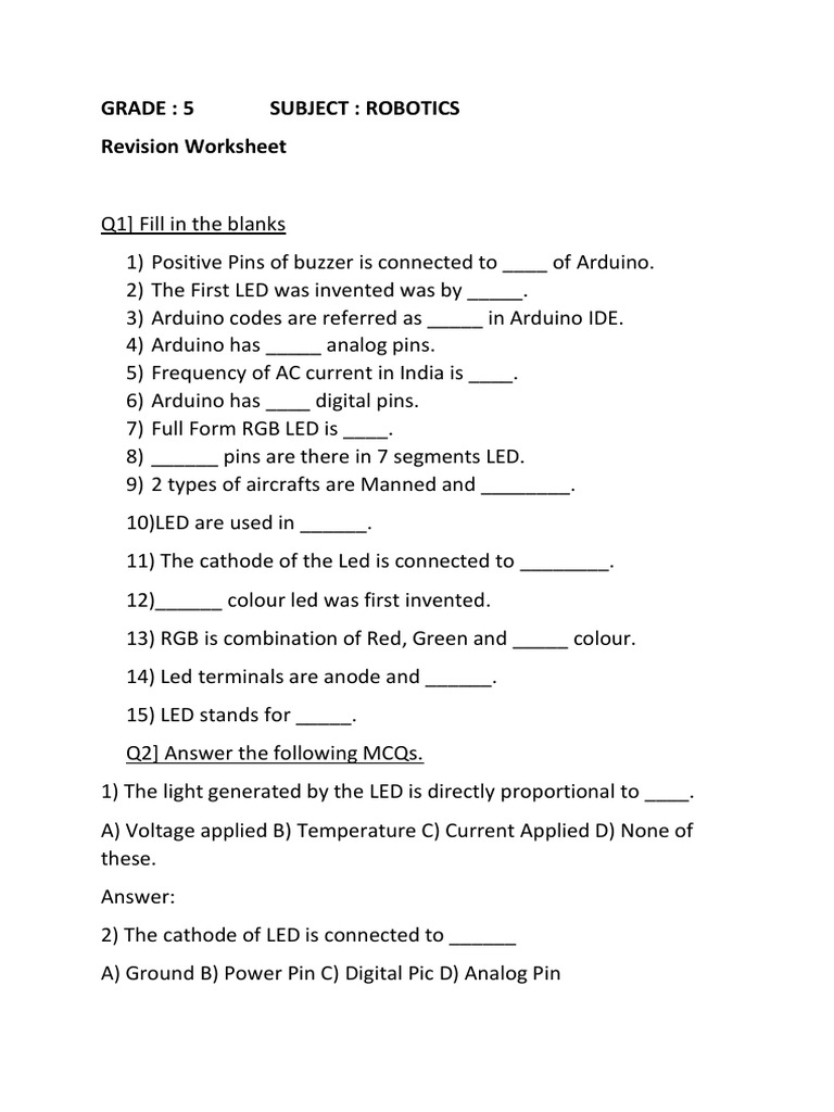 Robotics Revision Worksheet: Answers to Questions on LEDs, Arduino, Aircraft Types, and ...