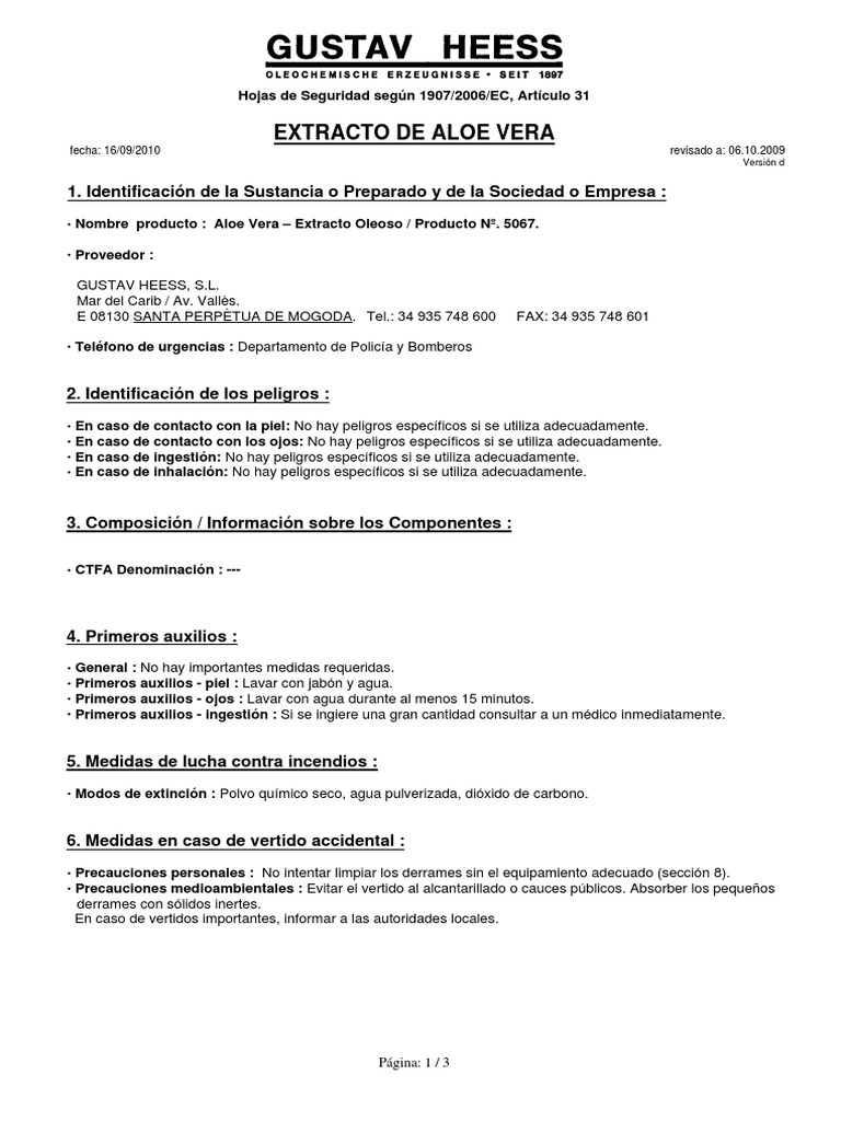 Hoja de seguridad para extracto de aloe vera que describe sus propiedades físicas y químicas ...