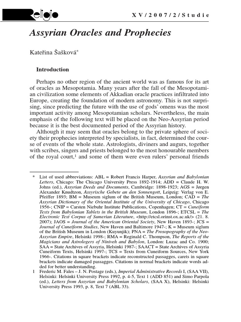 Assyrian Oracles and Prophecies (K.Saskova) | PDF