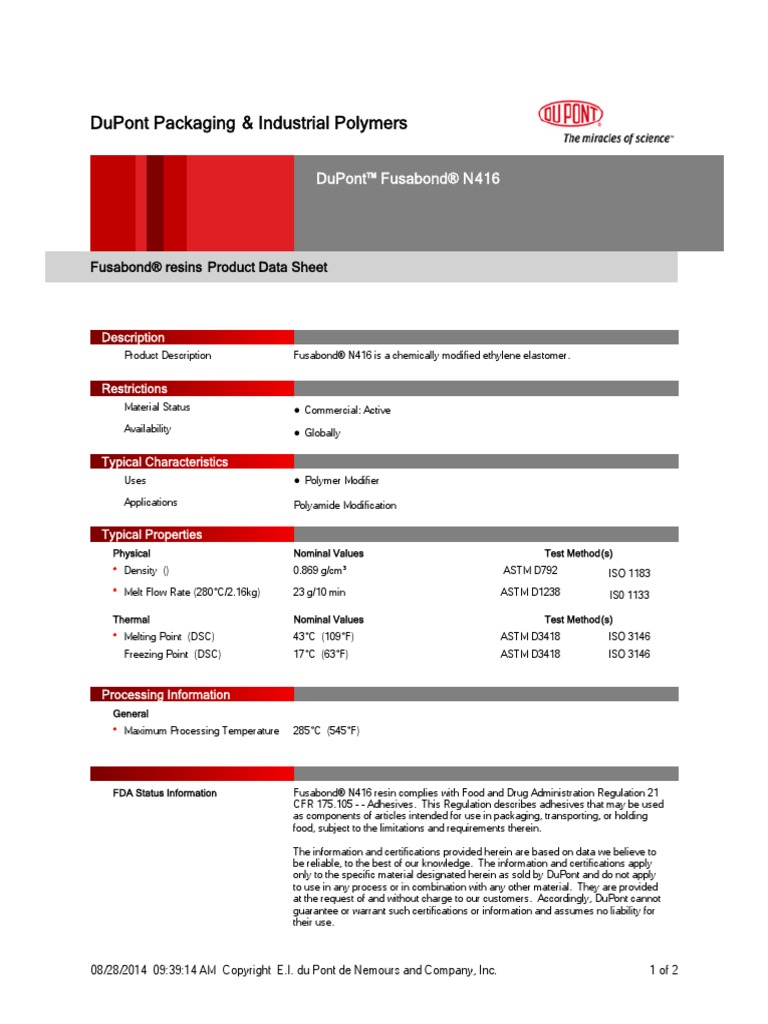 Fusabond N416 - TDS | PDF | Differential Scanning Calorimetry | Du Pont