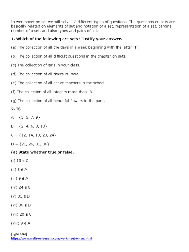 Solutions to a Worksheet on Set Theory Concepts Including Elements ...