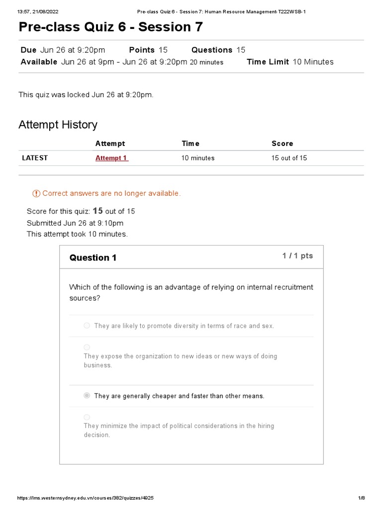 (Unview) Pre-Class Quiz 6 - Session 7 - Human Resource Management-T222WSB-1 | PDF | Recruitment ...