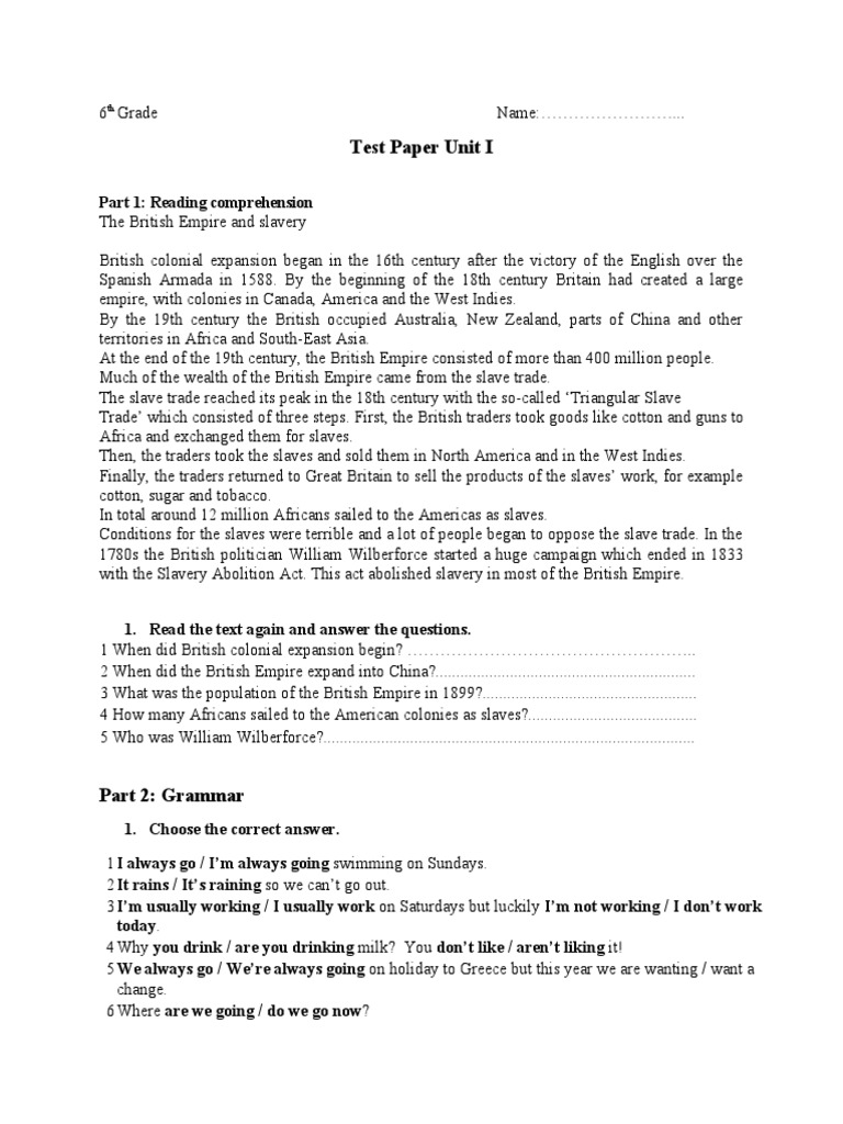 6th Grade - Test Paper | PDF | British Empire | Slavery
