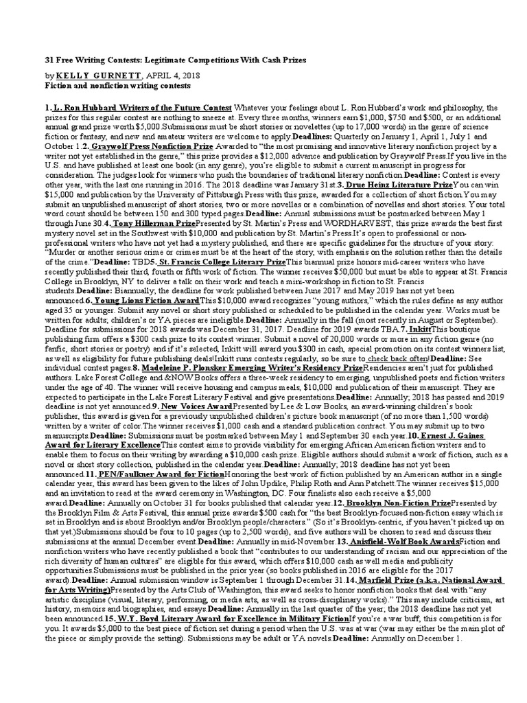 Free Writing Contests Overview 2017 | PDF | Novella | Short Stories