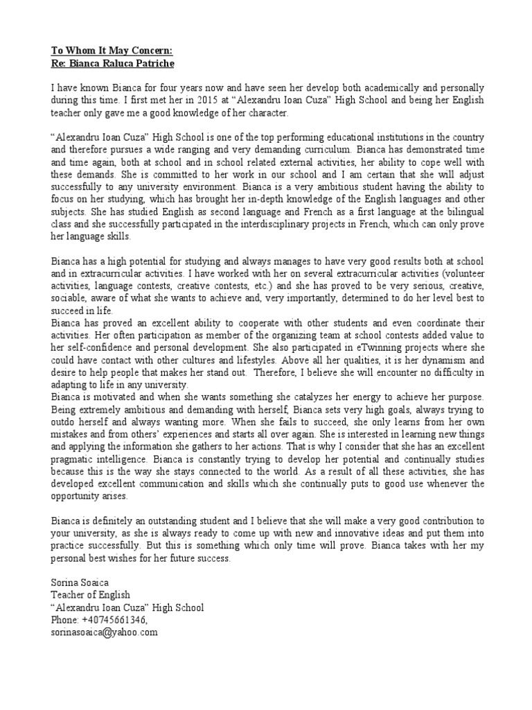 Recommendation Letter for Bianca Raluca Patriche's Ambition, Work Ethic ...