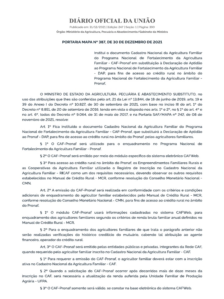 POrtaria MAPA 387-2021 Institui o CAF PRONAF PDF | PDF