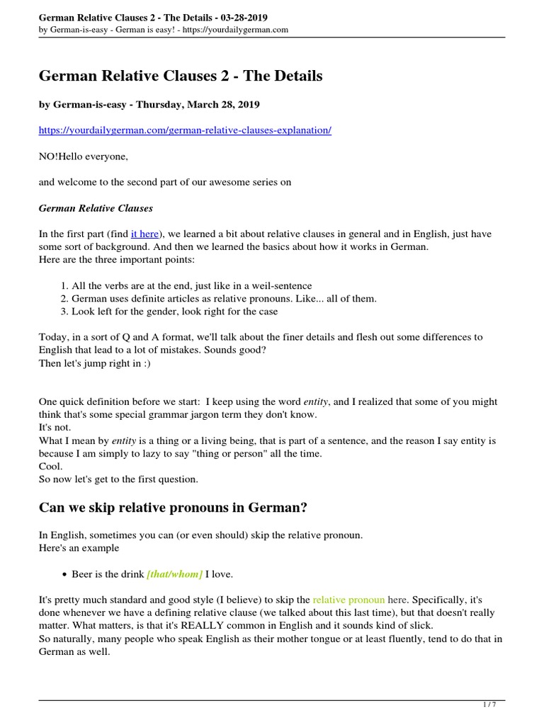 German Relative Clauses Explanation | PDF | English Language ...