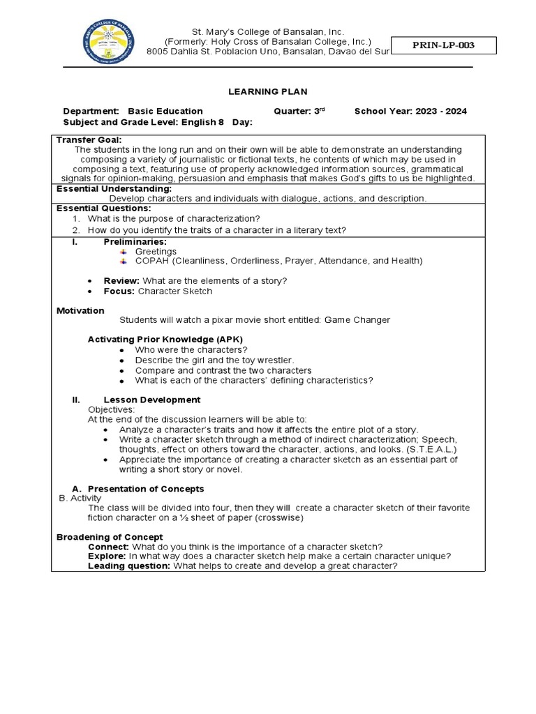LP On Character Sketch | PDF | Learning | Behavior Modification