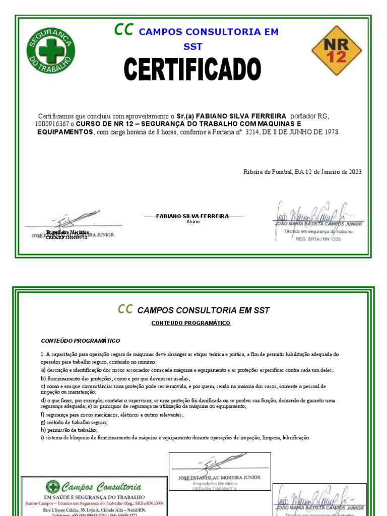 Certificado - NR-12 - Novo | PDF