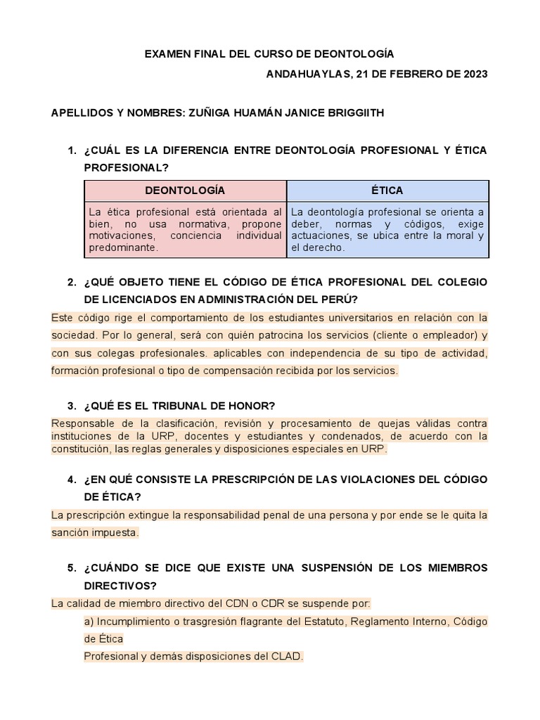 2023 - Examen Final de Deontologia - Epae X - Unajma | PDF | Ética ...