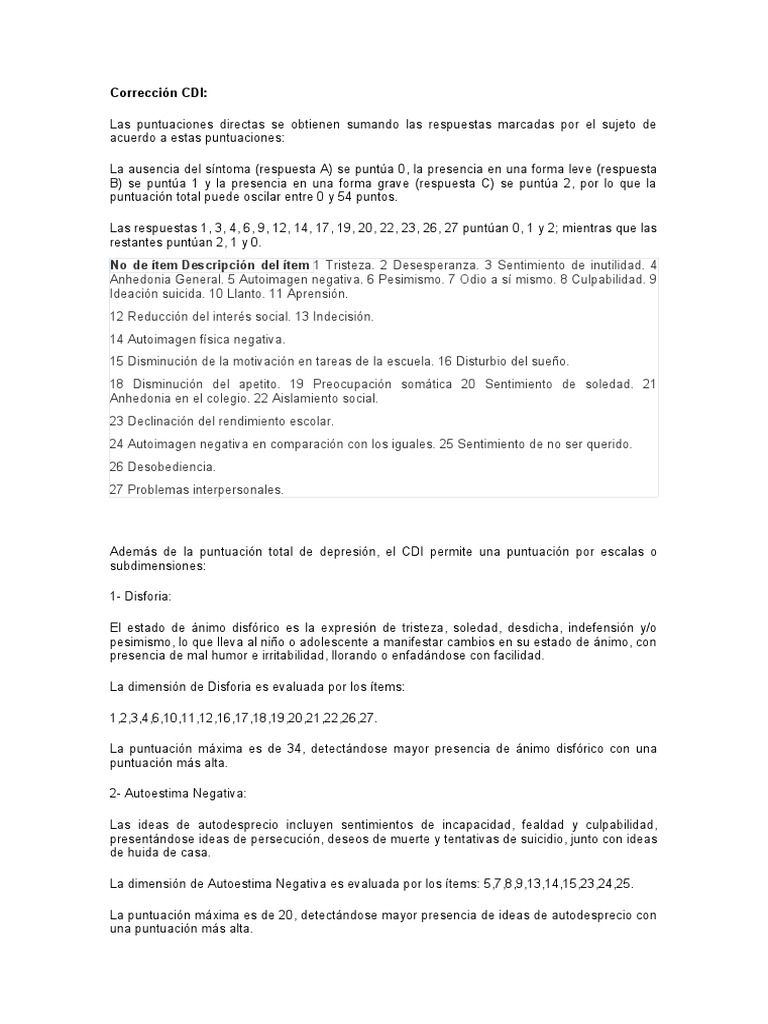 CDI: Corrección e interpretación de la escala de depresión infantil y juvenil | PDF