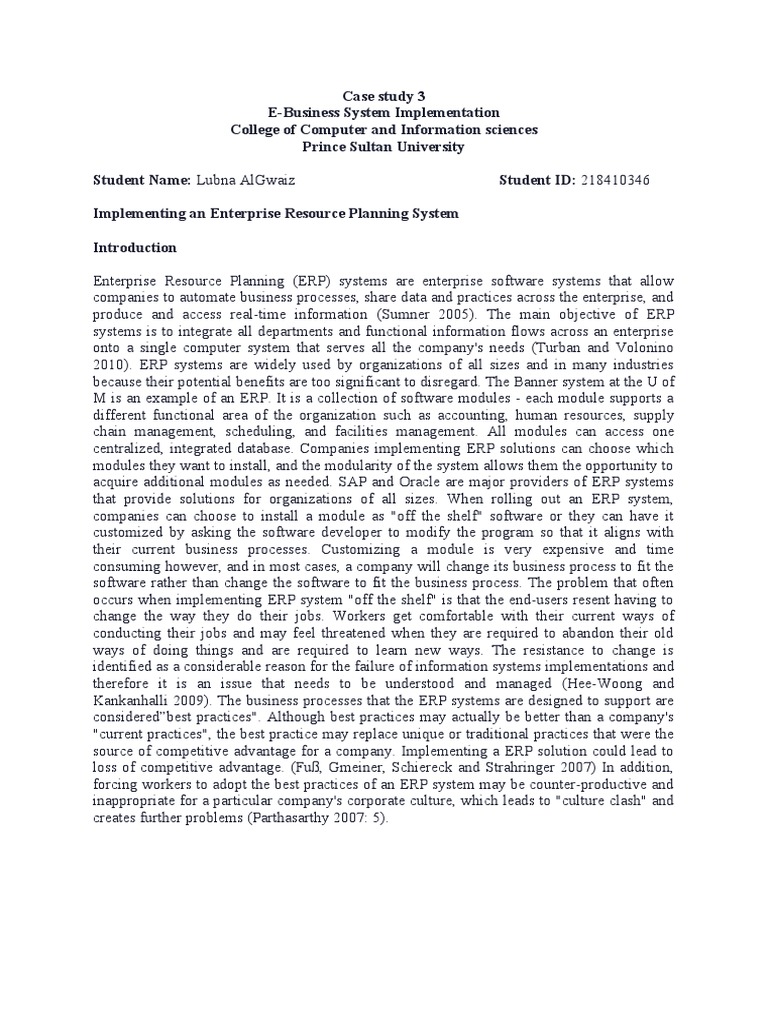 Case Study 3 ERP | PDF | Enterprise Resource Planning | Information ...