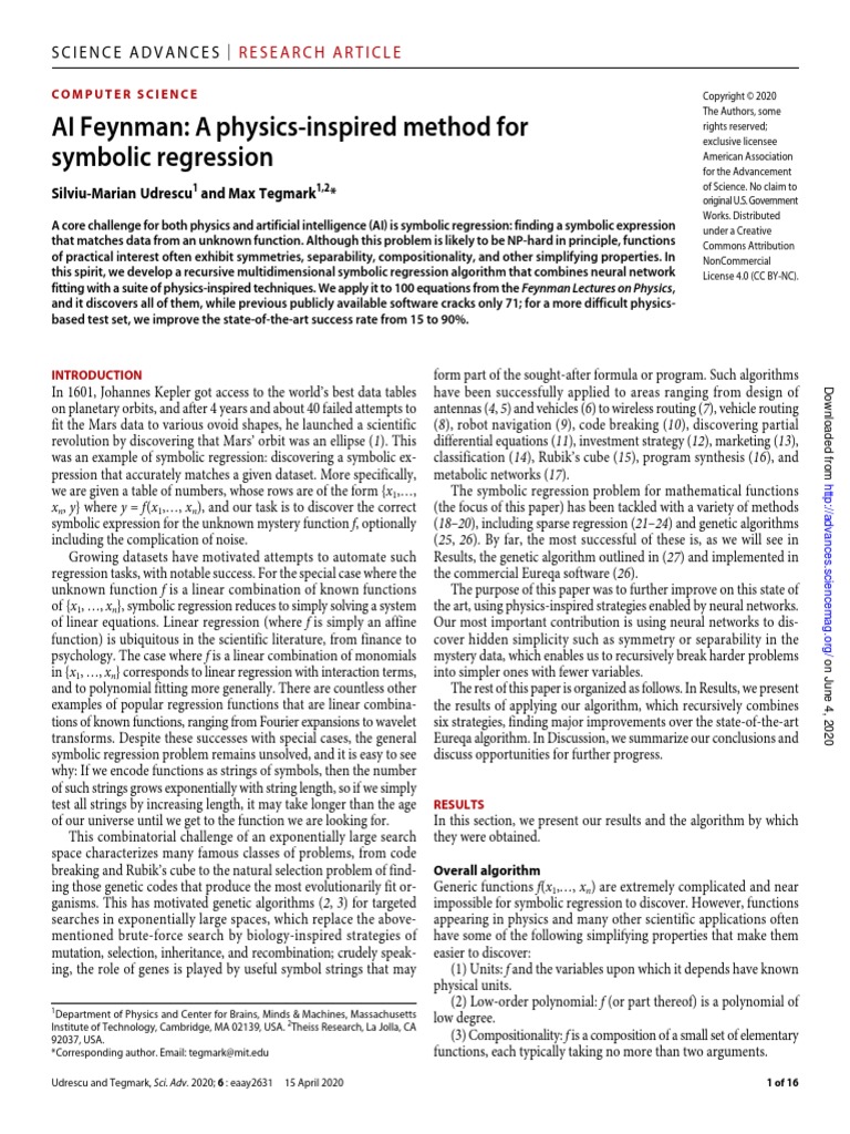 AI Feynman, A Physics Inspired Method For Symbolic Regression, Uderscu ...