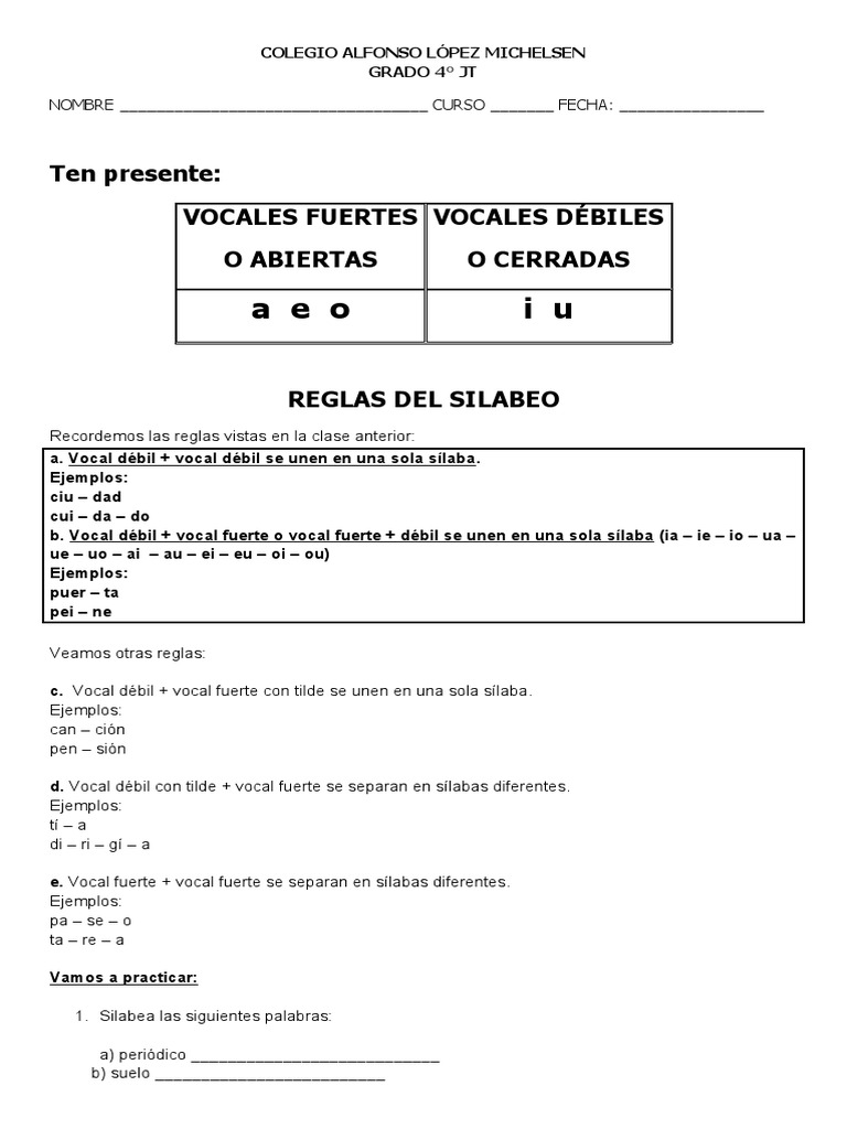 Vocales Fuertes y Débiles en Silabeo | PDF
