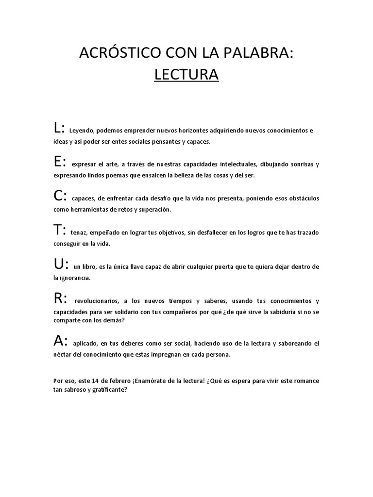 Acróstico de "Lectura" para Niños | PDF