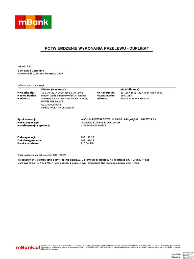 Potwierdzenie Wykonania Przelewu - Duplikat | PDF