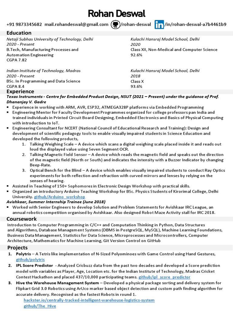 Rohan Deswal NSUT Resume | PDF | Databases | Visual Impairment