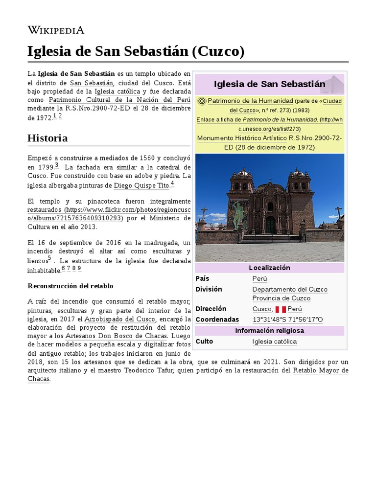 Iglesia de San Sebastián (Cuzco) | PDF | Iglesia (edificio) | Perú